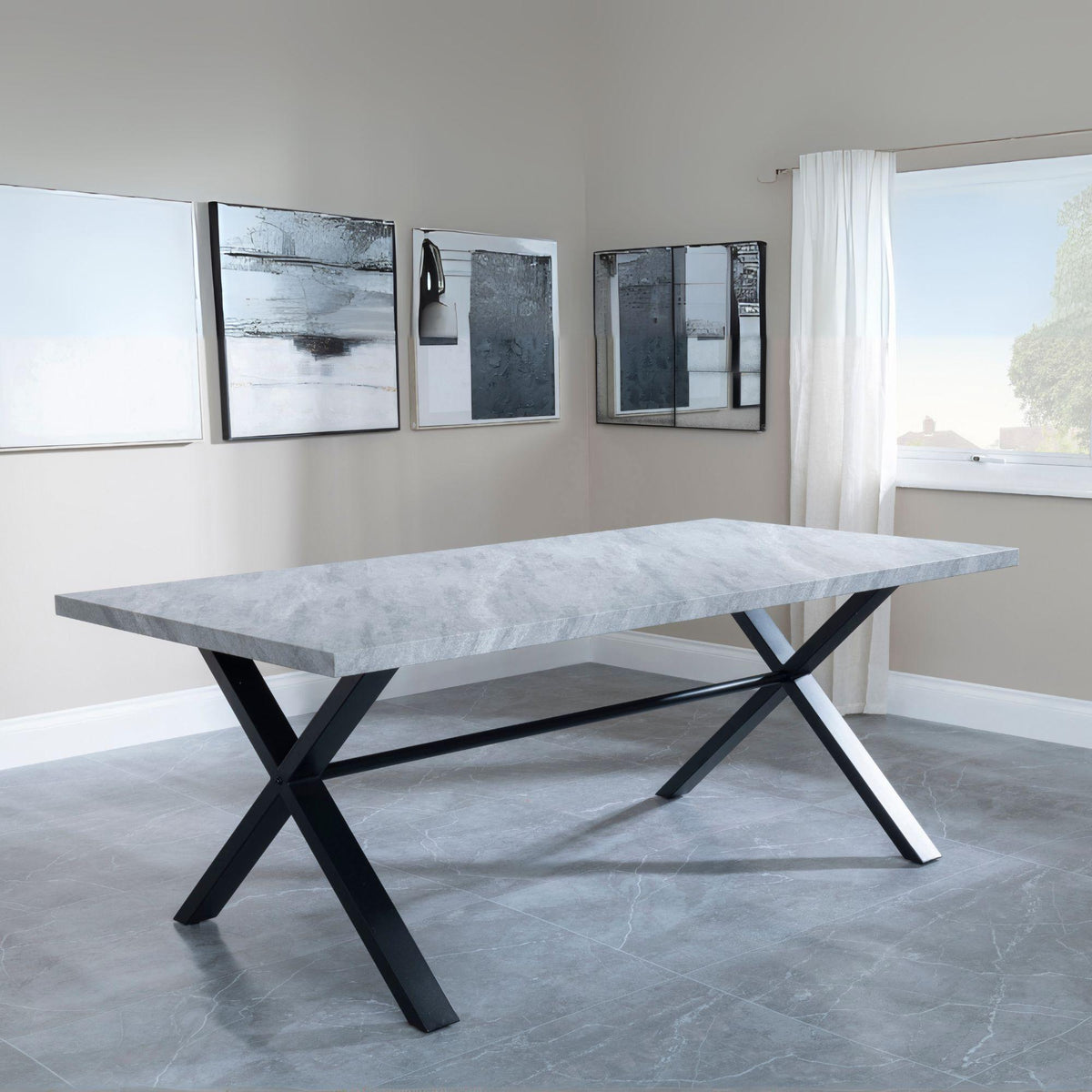 Cadell Grey Concrete Effect 8 Seater Dining Table with Black Cross Leg ...
